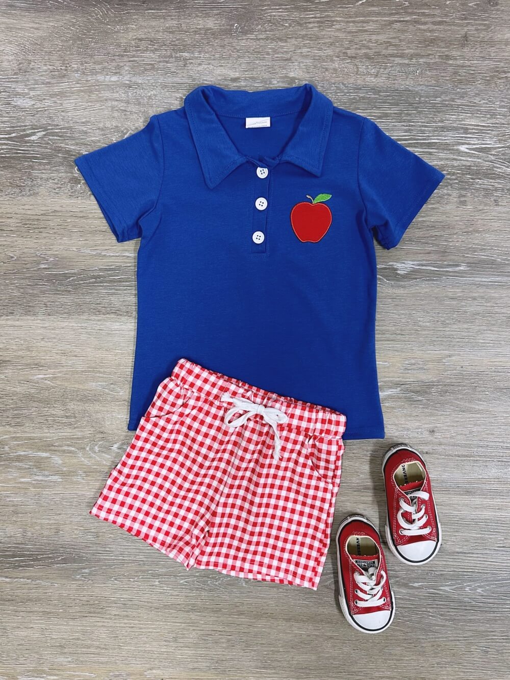 Apple Polo Shirt & Red Gingham Shorts Boys Back to School Outfit - Sydney So Sweet
